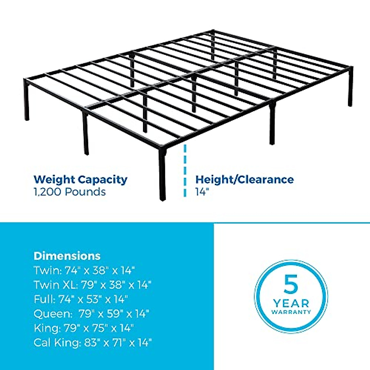 Linenspa 14” Heavy Duty Metal Platform Bed Frame – Queen Bed Frame – No Box Spring Needed – Underbed Storage
