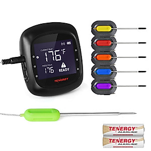 Tenergy Solis Digital Meat Thermometer, APP Controlled Wireless Bluetooth Smart BBQ Thermometer w/ 6 Stainless Steel Probes, Large LCD Display, & Carrying Case, Cooking Thermometer for Grill & Smoker