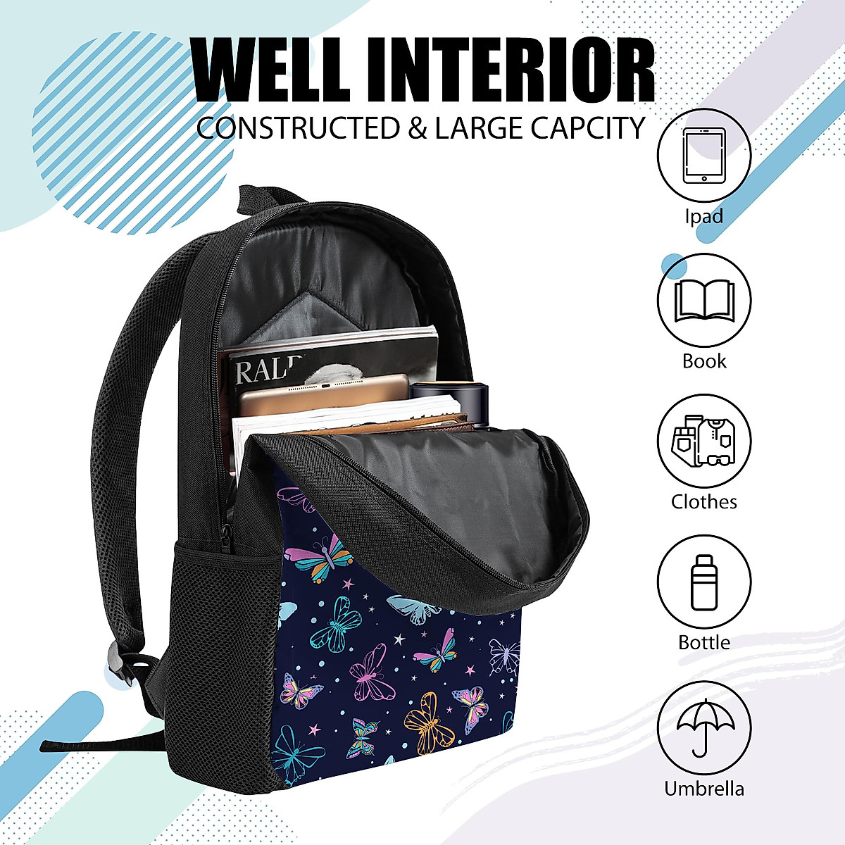 Ulbraofs Girls Backpack with Lunch Box Pencil Case, 3PCS School Backpack Set for Kids Teens, Elementary Middle School Bookbag for Boys Girls Student - Blue Butterfly