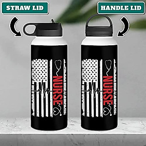 winorax Personalized Nurse Water Bottle for Women American US Flag Heartbeat Stethoscope Nurses Insulated Stainless Steel Sports Travel Coffee Bottle 12oz 18oz 32oz Gifts for Nurse Week RN CNA