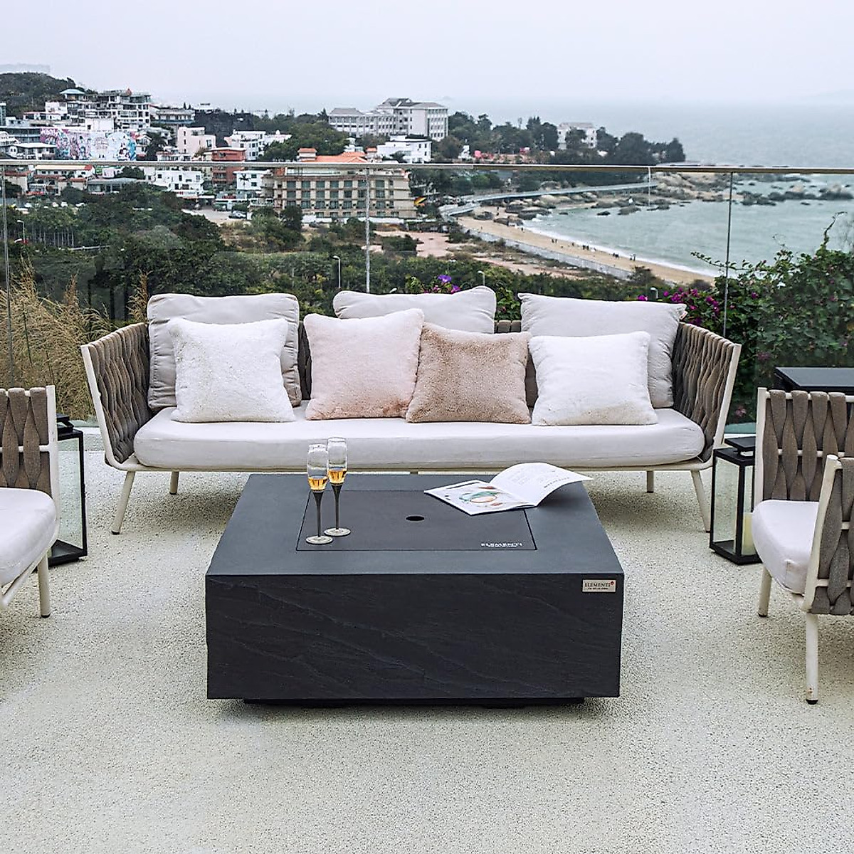 Roraima Concrete Fire Pit 40" x 40" Outdoor Patio Firepit Includes Fire Glass Modern Fire Pits & Outdoor Fireplaces for Garden, Deck, Indoor & Outdoor Heating