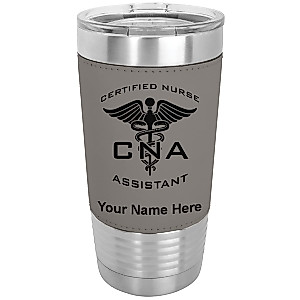 LaserGram 20oz Vacuum Insulated Tumbler Mug, CNA Certified Nurse Assistant, Personalized Engraving Included (Faux Leather, Gray)