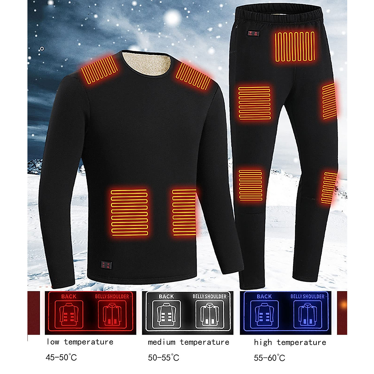 Vuirrm Thermal Underwear for Men Electric Heated Thermal Underwear Set (Top + Pants) USB Washable Temperature Adjustable in Winter,5XL,Black