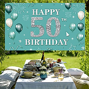 50th Birthday Decoration Backdrop Banner, Teal Silver Happy 50th Birthday Decorations for Women, Turquoise 50 Year Old Birthday Party Photo Booth Props Supplies for Outdoor Indoor, Fabric Vicycaty