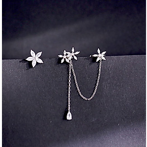 SLUYNZ 925 Sterling Silver Daisy Flowers Cuff Earrings Chain for Women Asymmetric CZ Daisy Earrings Crawler Earrings Dangling Chain (Asymmetric)