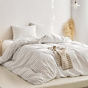 Wake In Cloud - Striped Cotton Duvet Cover Set, Ticking Stripe Vertical Pinstripe Farmhouse, 100% Washed Cotton Textured Percale Bedding Set, 3 Pieces, White, King Size
