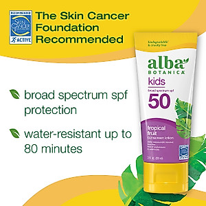 Alba Botanica Kids Sunscreen for Face and Body, Tropical Fruit Sunscreen Lotion for Kids, Broad Spectrum SPF 50, Water Resistant and Hypoallergenic, 3 fl. oz. Bottle