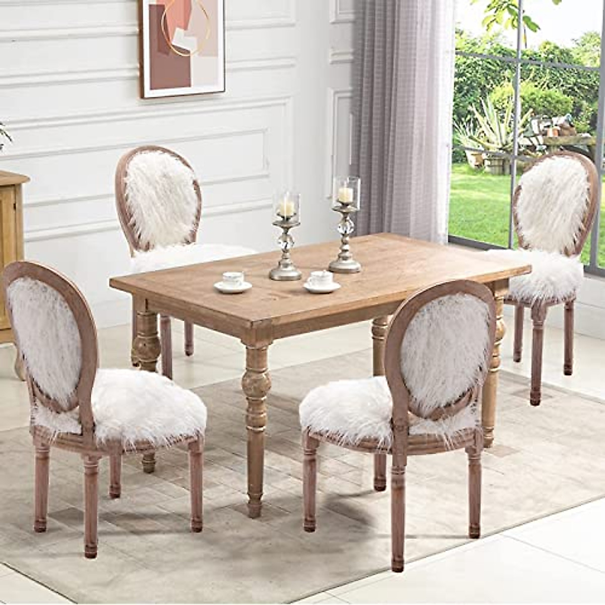 AWQM Faux Fur Dining Chairs Set of 2,Vintage Elegant French Chair with Round Back Distressed Wood,Mid Century Furry Vanity Chair,for Kitchen Dining Room Living Makeup Room, White