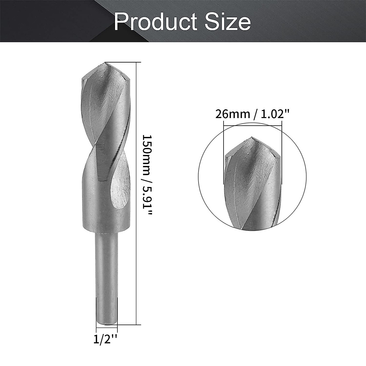Utoolmart 130mm-155mm Length 1/2 inches High-Speed Steel Metal Twist Drill Bit Shank/Retractor Drill Bit Set Tool Straight Shank Rolling Process 26mm Drill Bit Diameter Milling Process 1 pcs