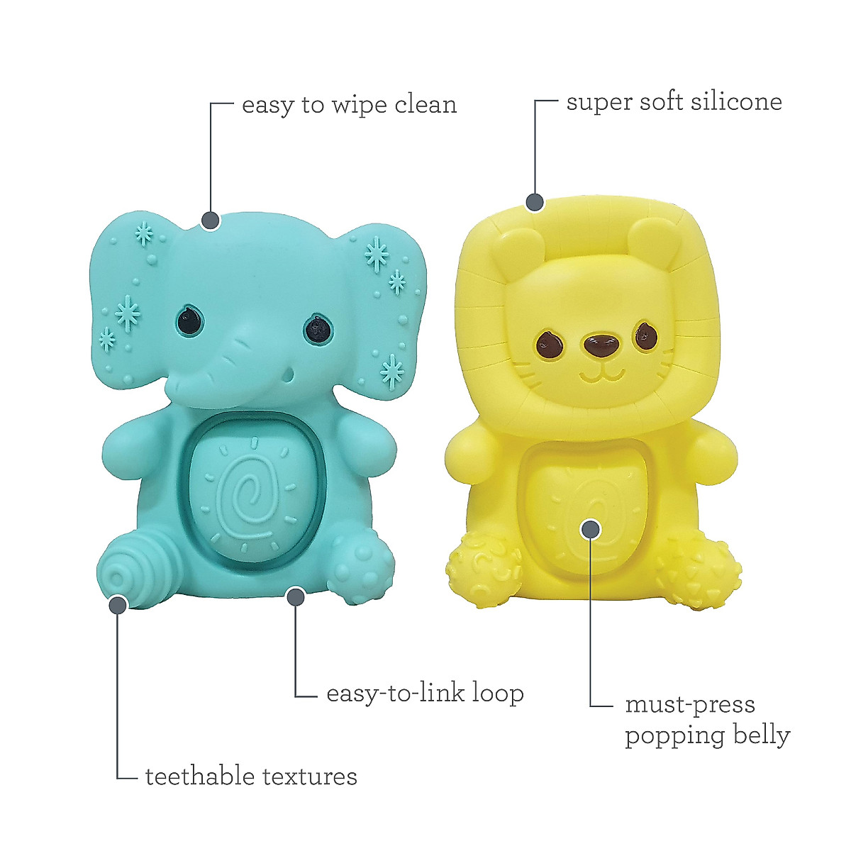 Infantino Teethimal Pop Pals - Elephant & Lion Sensory Popper Toy with Soothing Teething Textures for Infants & Toddlers, 6M+
