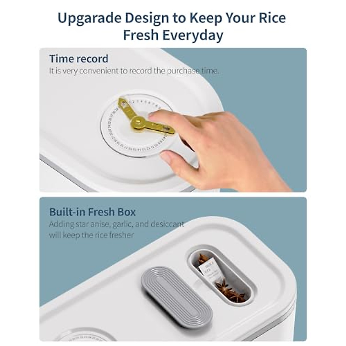 Lenwi 22 Lbs Rice Dispenser, Large Rice Container with Scale Measuring Cup, BPA-Free Household Rice Storage Container with Time Scale, for Home Kitchen Pantry Organization