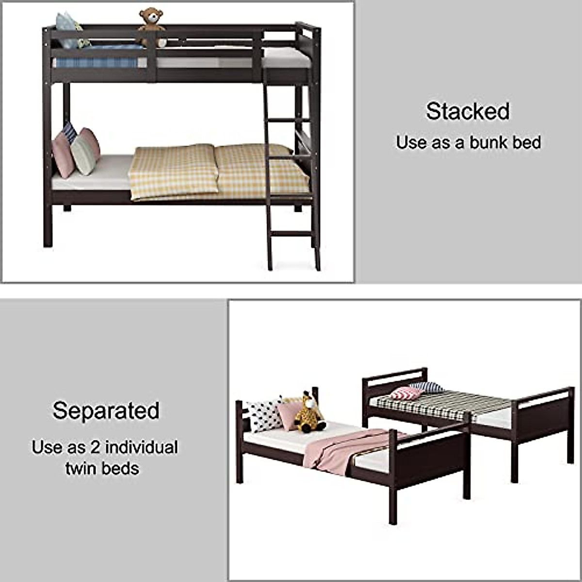 Giantex Twin Over Twin Bunk Bed, Solid Wood Twin Bunk Bed Convertible Into Two Individual Beds, Kids Twin Bunk Bed w/ Ladder & Guard Rail for Boys Girls (Espresso)