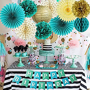 Teal Gold Birthday Party Decorations Teal Paper Fans Teal Gold Happy Birthday Banner Paper Pom Poms Flowers Baby Boy Birthday Baby Shower Women Birthday Turquoise Party Decorations