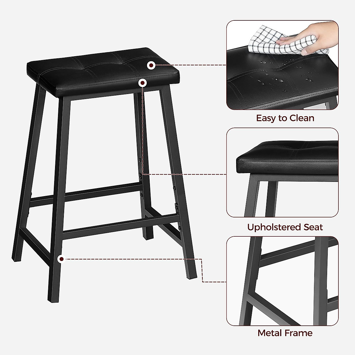 MAHANCRIS Bar Stools, Set of 2 PU Upholstered BarStools, 23.6-Inches Bar Chairs, Counter Height Bar Stools for Kitchen, Dining Room, Bar, Easy Assembly, Black BAHB04R01