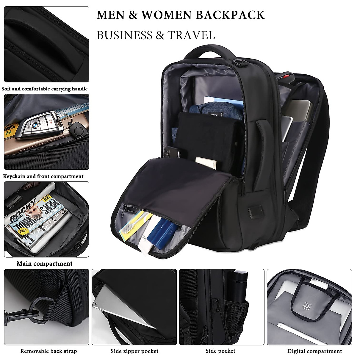 FENRUIEN Expandable Travel Backpack 15.6 Inch with USB Laptop Backpack Anti Theft Waterproof Business Smart Backpack, Multipurpose Large Capacity Daypack College School Bookbag for Men, Black