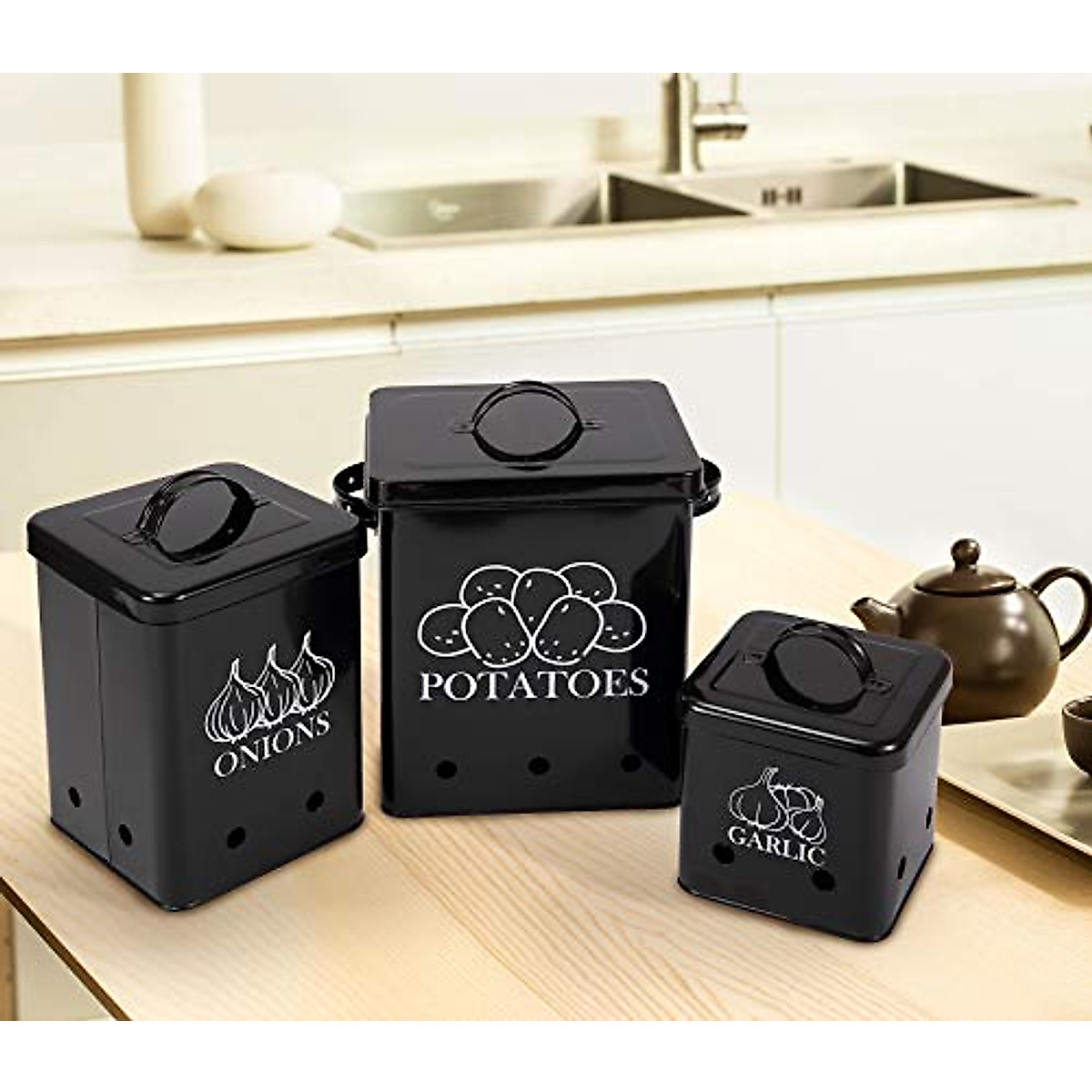 Xbopetda Food Storage Container for Potato, Onion and Garlic, Canister Sets for Kitchen Counter, Square Vegeatable Storage Pots, Kitchen Storage Jars with Aerating Tin Storage Holes & Lid-Black