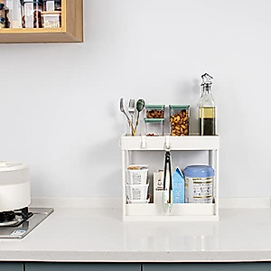 Under Sliding Cabinet Basket Organizer, 2-Tier Kitchen Under Sink Storage Drawer Rack Organizer Dust-proof Water-proof, Expandable Under Sink Organizer with 2 Cups and 4 Hooks, White