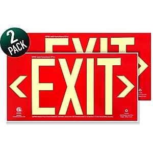 Photoluminescent Exit Sign Red - Pack of 2 - Aluminum - UL 924 Code Approved/IBC/NFPA 101 / NightBright USA Part Number ULR-050 II