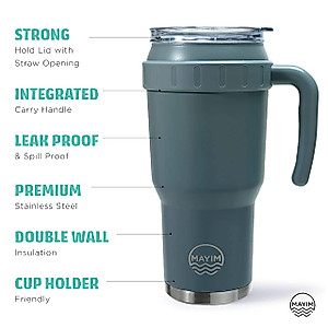 Mayim Traveler 40oz Tumbler with Handle and 2-in-1 Straw Lid, Insulated Leak Proof Double Walled Stainless Steel Coffee Travel Mug - Maintains Cold, Heat, and Ice for Hours (Storm)
