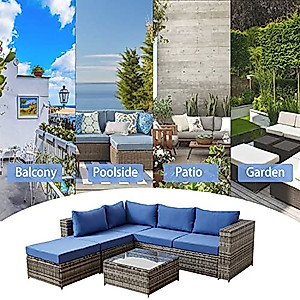 MOLIXXES 4 Pieces PE Wicker Outdoor Sofa Couch Sectional Patio Set,Patio Furniture Sectional Sofa with Ottoman, Glass Table, Pillow,Gray Rattan Blue Cushion