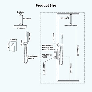 gotonovo Ceiling Mount Shower Faucet Set Matte Black 12 Inch Square Showerhead Bathroom Rainfall Shower System Stainless Steel Shower Trim Kit 2 in 1 Cylindrical Handheld shower with Rough-in Valve