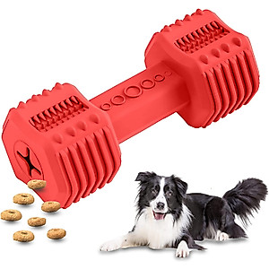 PawfectPals Indestructible Dumbbell Dog Chew Toy for Aggressive chewers, Interactive Puzzle Toy, Food Dispenser Feeder, Natural Rubber Bite Resistant for Teeth Dental Cleaning-Insert Treats (Red)