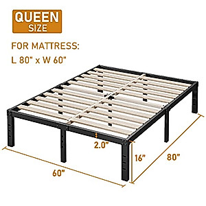 Cleaniago Queen Bed Frame, Extra Wide Wood Slats Support for Foam Mattress, 16 Inch Tall, No Box Spring Needed, Noise Free, Anti-Slip, Easy Assembly, Black