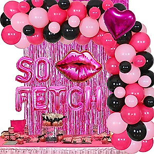 So Fetch Party Decorations - Balloons Garland Arch Kit with Hot Pink Lip Balloon, Heart Foil Balloon, Tinsel Curtain, Girls Birthday Bachelorette Party Supplies