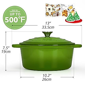 Overmont Enameled Cast Iron Dutch Oven - 5.5QT Pot with Lid Cookbook & Cotton Potholders - Heavy-Duty Cookware for Braising, Stews, Roasting, Bread Baking green
