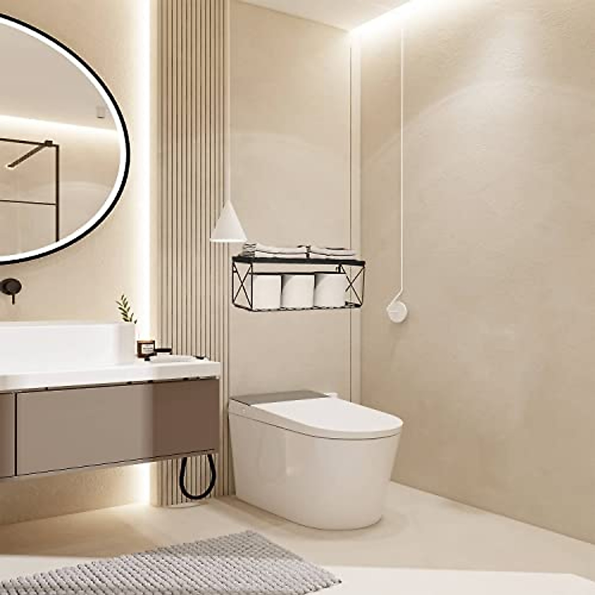 Hoiicco Floating Shelf Wall Mounted, Bathroom Shelf for Over The Toilet with Paper Storage Basket, Wood Wall Shelf for Wall Decor, Bedroom, Living Room, Kitchen, Washroom