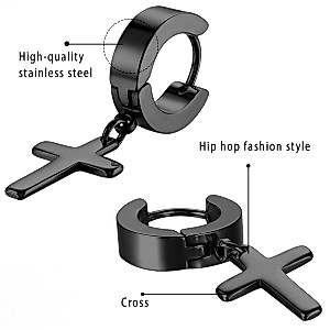 Cupimatch 3-6 Pairs Stainless Steel Cross Dangle Huggie Hinged Hoop Earrings for Men Women (1 Pair Black Cross)
