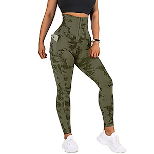MOOSLOVER Women Corset High Waisted Leggings with Pockets Tummy Control Body Shaper Yoga Pants(S,#1 Army Green Tie-dye)