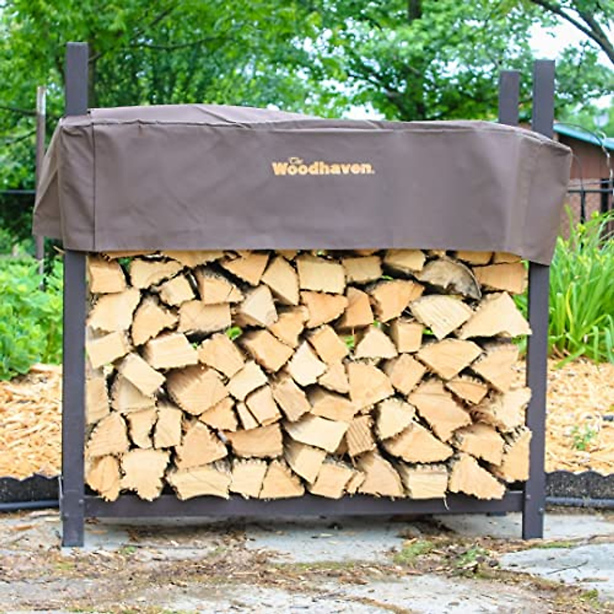 Woodhaven Brown 4 Foot 1/4 Cord Firewood Rack - Heavy Duty Indoor Outdoor Firewood Storage Log Rack And Optional Seasoning Cover - Metal Firewood Rack - Made in the USA (Cover)