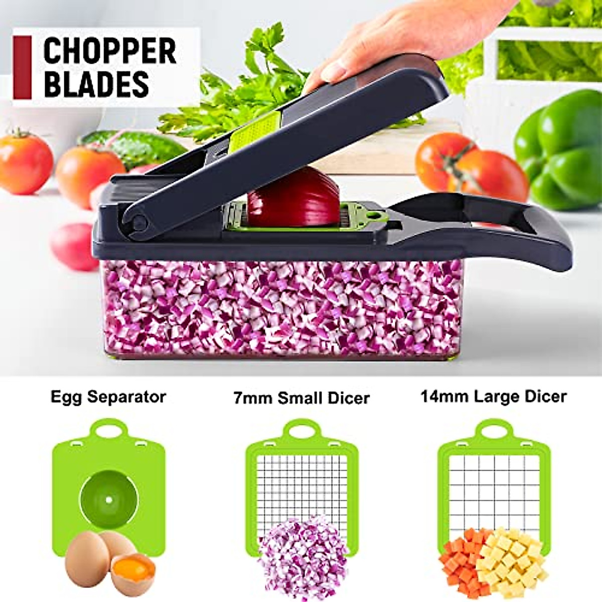 Amzeth Vegetable Chopper, 16 in 1 Food Chopper, Pro Onion Chopper, Kitchen Vegetable Cutter Slicer Dicer, Veggie Chopper with 8 Blades, Potato Carrot Garlic Chopper with Container (Gray)