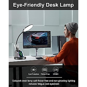 GOLSPARK Desk Lamp with Wireless Charger for Home Office, Eye-Caring Reading Lamp 3 Color Modes Stepless Dimming LED Desk Lamp, Touch Table Lamp with Pen Holder, CRI 90 AC Adapter Included