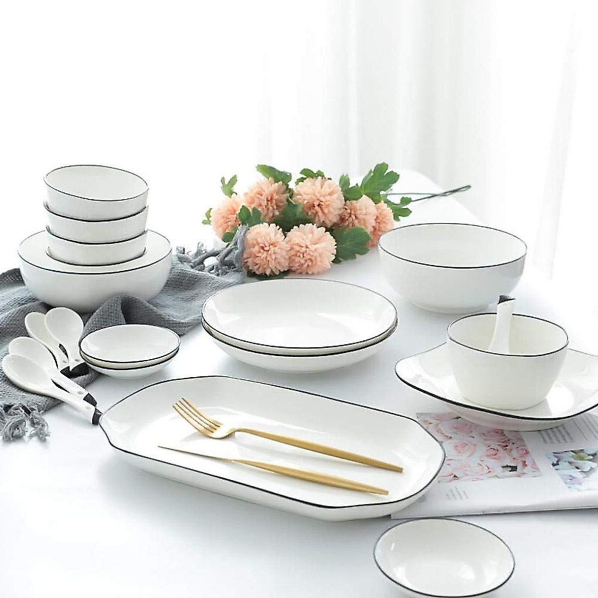 Dishes/Plate/Bowl Set,Simplest White Black Lines Ceramics Dinnerware Set of 29 Pieces Porcelain Dinner Set for Family Service for 8 People