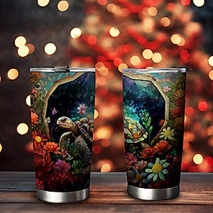 20oz Stained Glass Flower Sea Turtle Tumbler, Gifts for Turtle Lovers, Ocean, Beach Gifts, Coffee Thermos for Women, Stainless Steel Double Wall Vacuum Insulated Coffee Mug, Travel Cup with Lid
