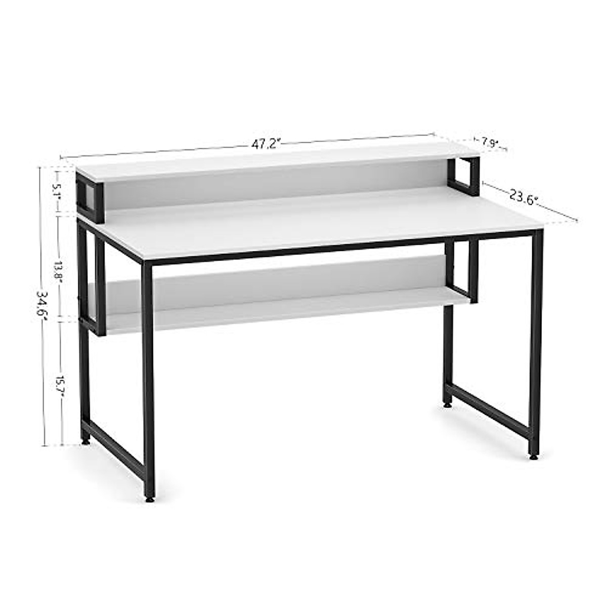 Cubiker Computer Home Office Desk, 47" Small Desk Table with Storage Shelf and Bookshelf, Study Writing Table Modern Simple Style Space Saving Design, White