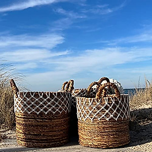 Boho Romantic Lace Baskets, Set of 3, Cotton Macrame Details, Relaxed Coastal Style, Woven Chunky Banana Leaf, Thick Handles,17.75, 15, and 11.75 D Inches