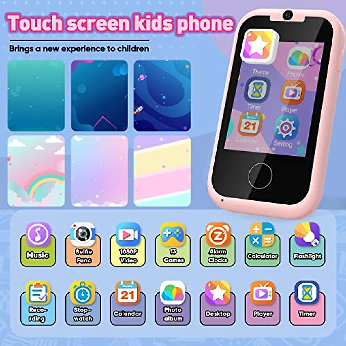 Lizzbey Kids Phone Toddler Toys for Girls Age 3-6,Christmas Birthday Gifts for Girls Age 3-6,Portable Touchscreen Learning Toy for 3 4 5 6 Year Old Girl with Camera SD Card-Pink