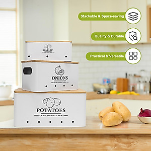 Dekosilave Kitchen Vegetable Storage Set of 3, Metal Onion Garlic Potato Storage Set, Kitchen Canisters Vegetable Keeper Containers with Aerating Holes and Wooden Lid (White)