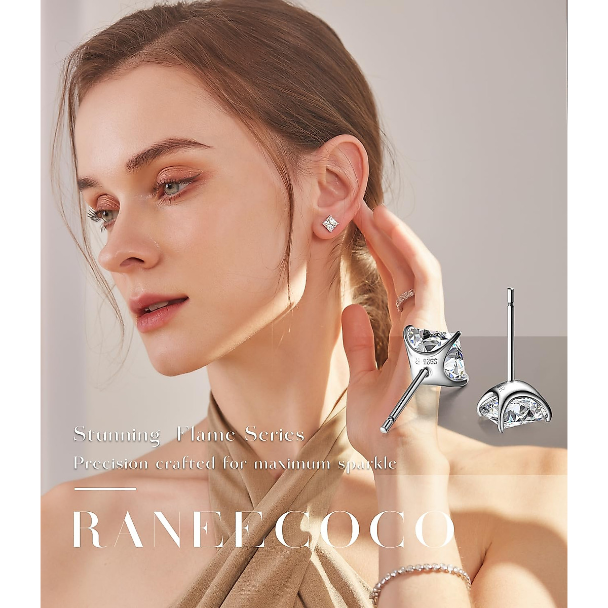 "STUNNING FLAME “18K Gold Plated Sterling Silver Princess Cut Cubic Zirconia Stud Earrings for men women(w-6)