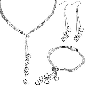 Droutti 3 Pack Italian Silver Heart Chain Necklace for Women, Long Five-line Chain Heart Love Line Necklace Link Chain Bracelet Heart Earring Jewelry Set for Birthday Anniversary Valentine's Day Gifts