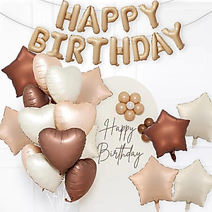Happy Birthday Balloon Banner Foil Balloons Neutral Balloons Cream Caramel Beige Brown Balloons Heart Balloons for Girl Boy Birthday Party Decor Supplies