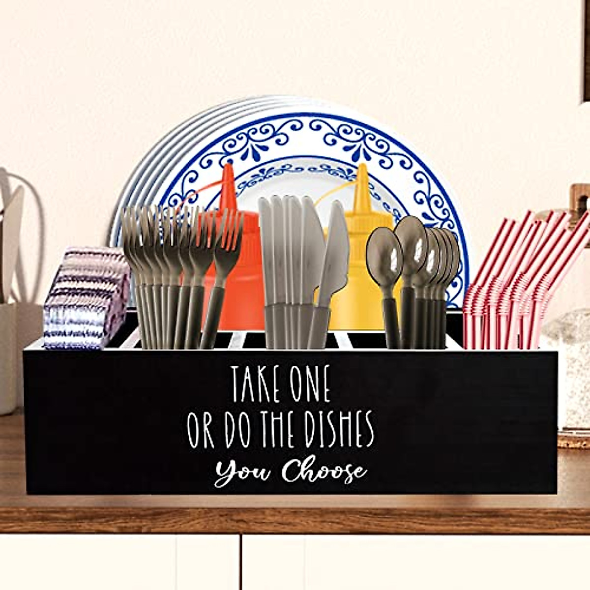 Paper Plate Holder, Plastic Silverware Caddy, Plastic Utensil Dispenser for Party Buffet Camping BBQ, Disposable Spoon Fork Knives Dish Cup Napkin Storage Organizer for Kitchen Counter (Black)