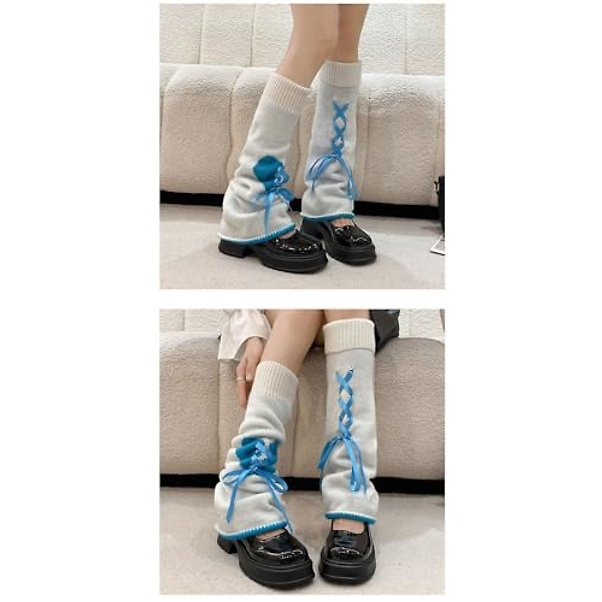 DEEPWIN Leg Warmer Leg Socks Lolita Love Sweet Knitted Leg Calf Cute Ribbon JK Spicy Girl (Blue)