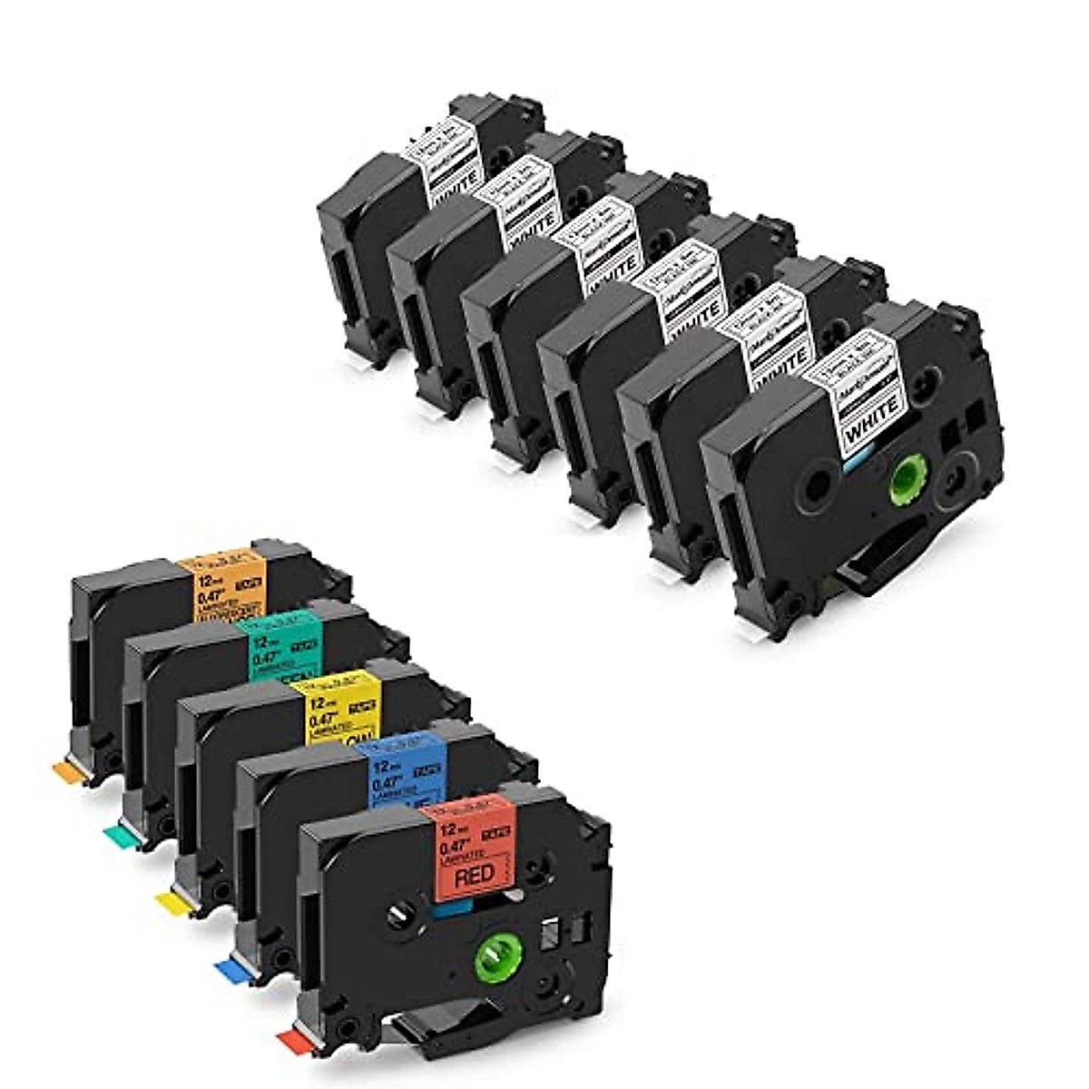 11 Pack, MarkDomain Compatible Label Tape Replacement for Brother P Touch TZe Label Tape 12mm 0.47 Inch (Black on White/Red/Blue/Yellow/Green/Orange) for P Touch PT-D210 H110 Label Maker, Laminated