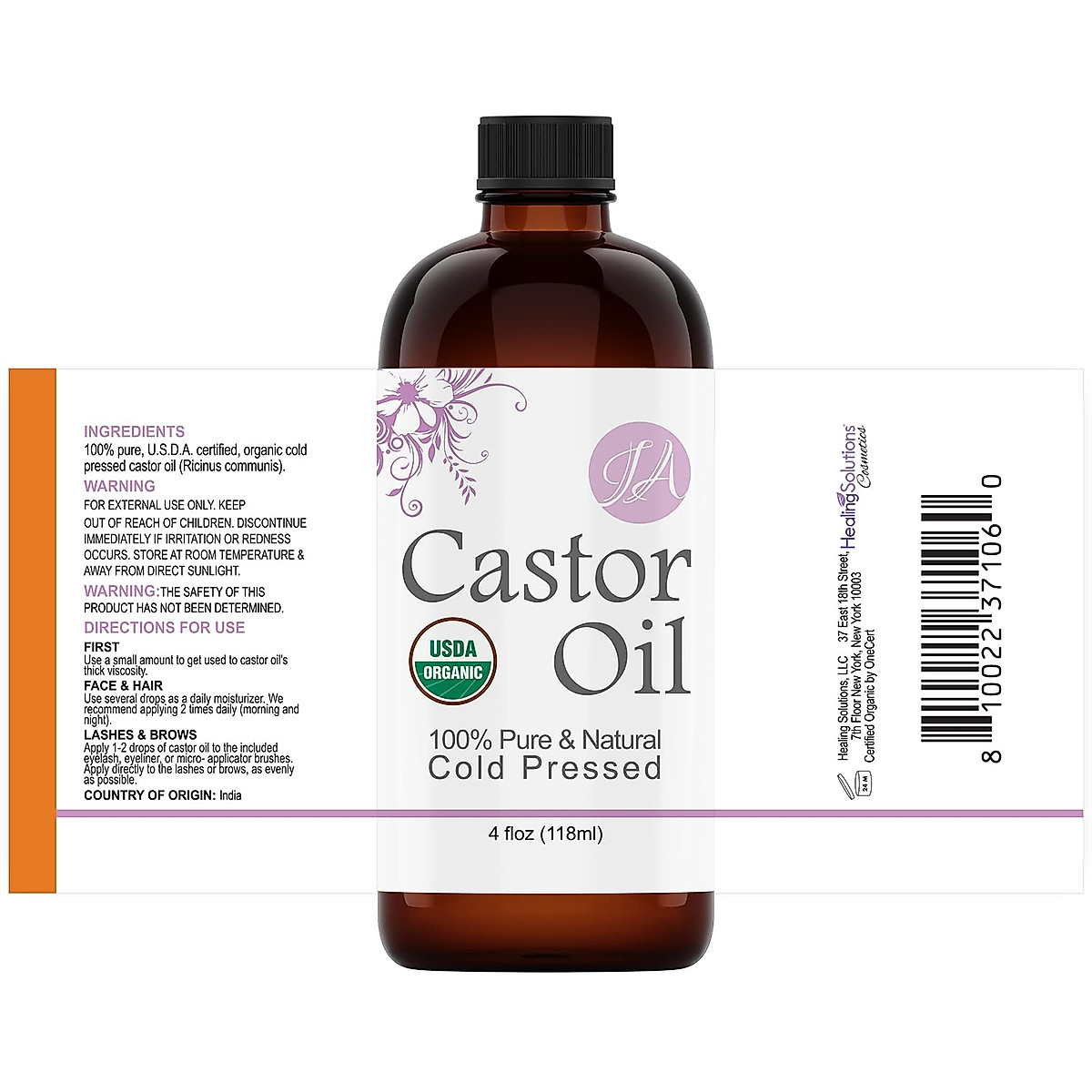 Healing Solutions Oils - 4 oz Castor Oil Organic Cold Pressed Unrefined Glass Bottle - Natural Organic Castor Oil for Face - 118 ml - Castor Oil for Hair and Skin - Facial Castor Oil