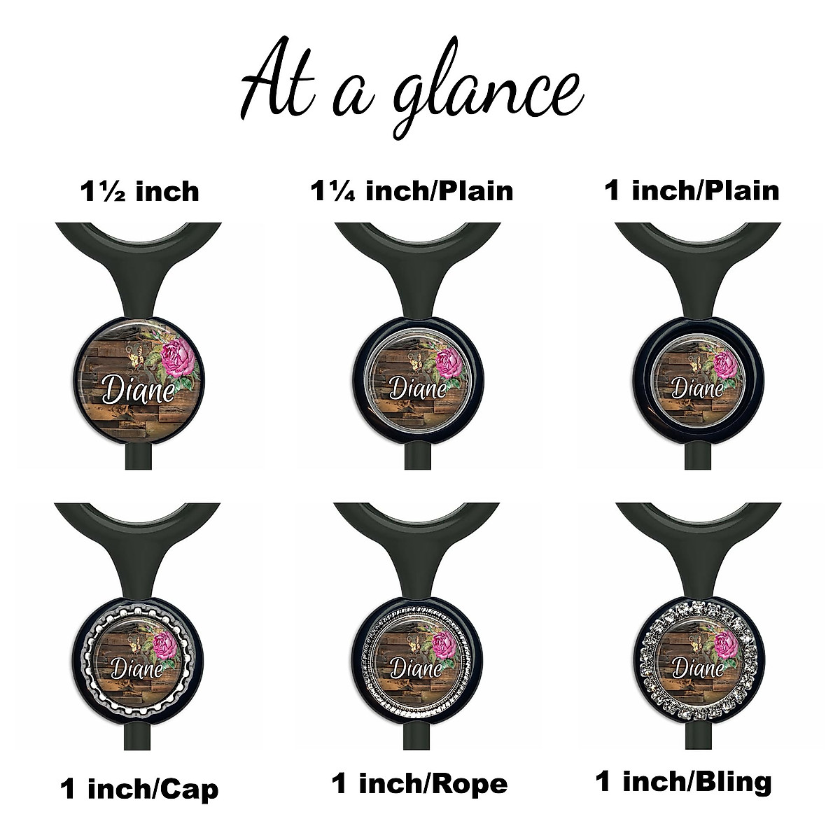 Wood Floral Adjustable Stethoscope ID Name Tag - Choose Tag Style and Color, Custom Fonts, Design Size and Decorative Frame - Hospital Nurse Identification