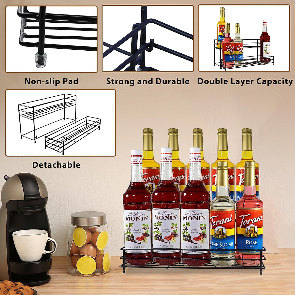 Coffee Syrup Organizer Rack 10 Bottles Syrup Bottle Holder Stand For Coffee Bar Accessories, 2 Tier Wine Bottle Storage Rack For Syrup, Wine, Liquor, Coffee Station Organizer For Kitchen Countertop
